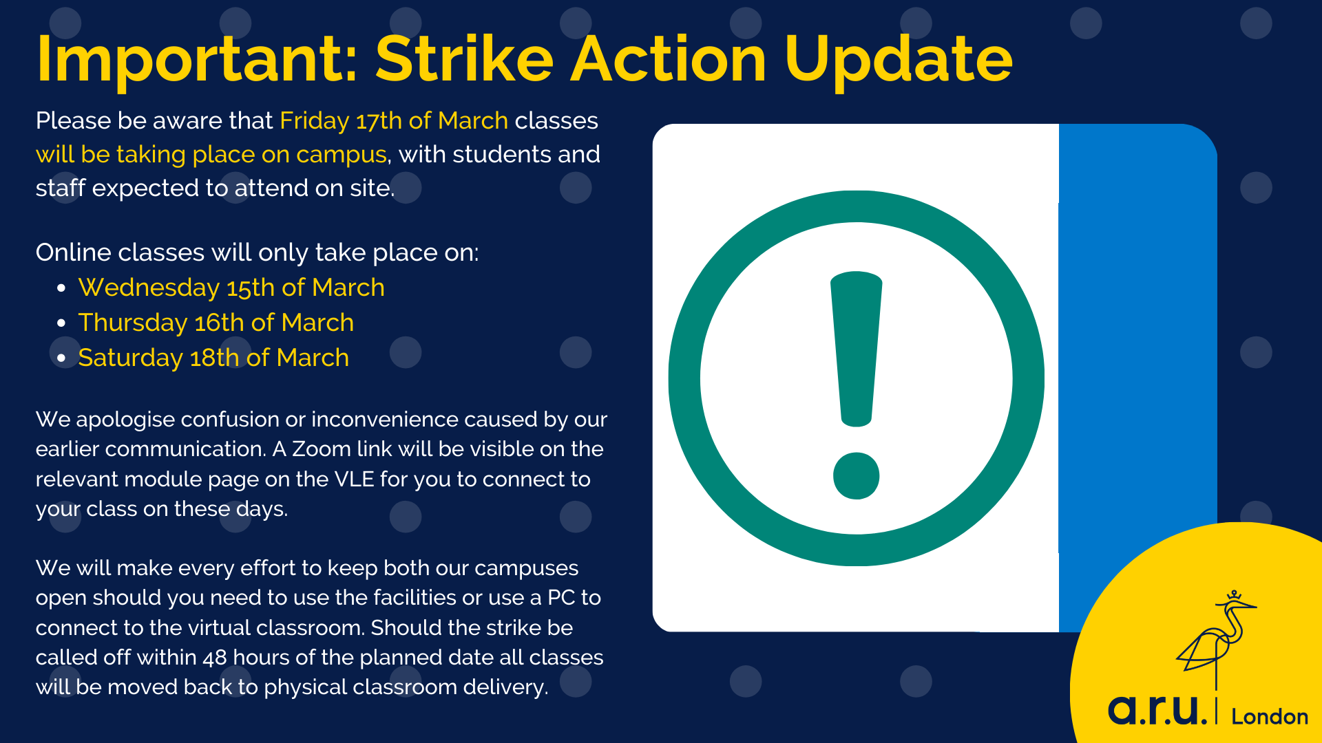 Online classes: Rail Strikes on the 15,16,18 of March